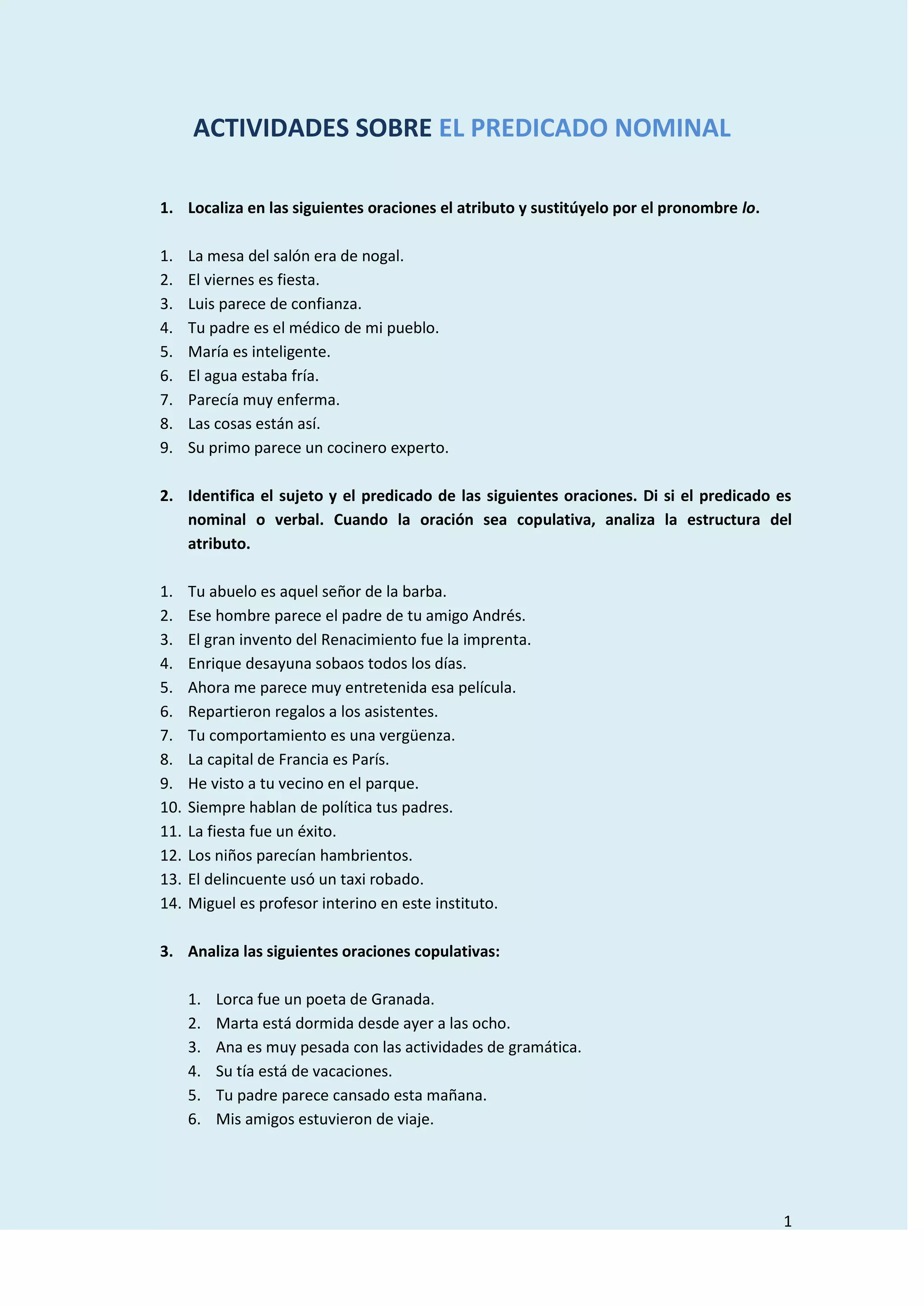 Hojas De Trabajo Sobre Predicado Nominativo Y Predicado Adjetivo
