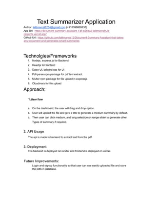 Text Summarizer Application which extract important text .pdf