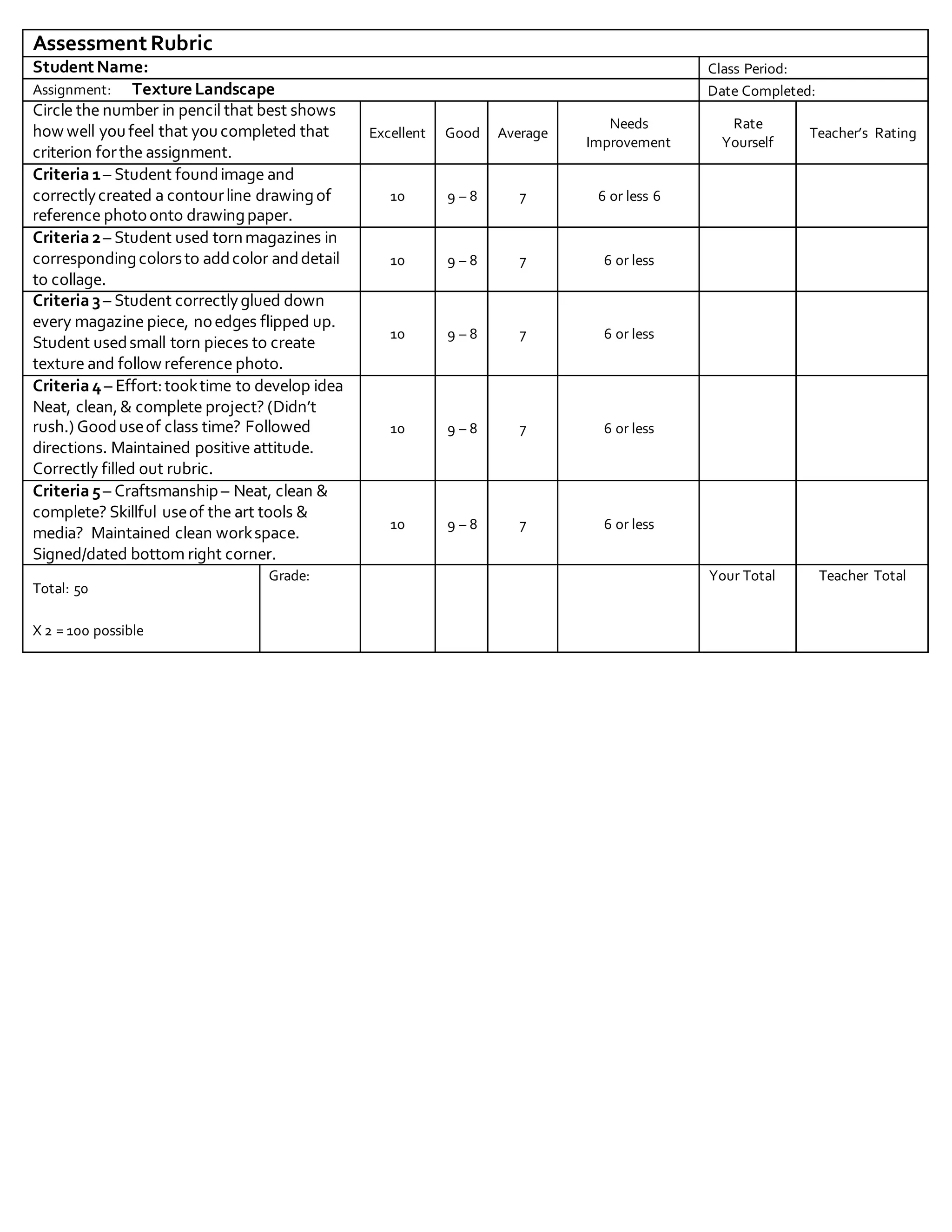 Texture landscape rubric | DOCX