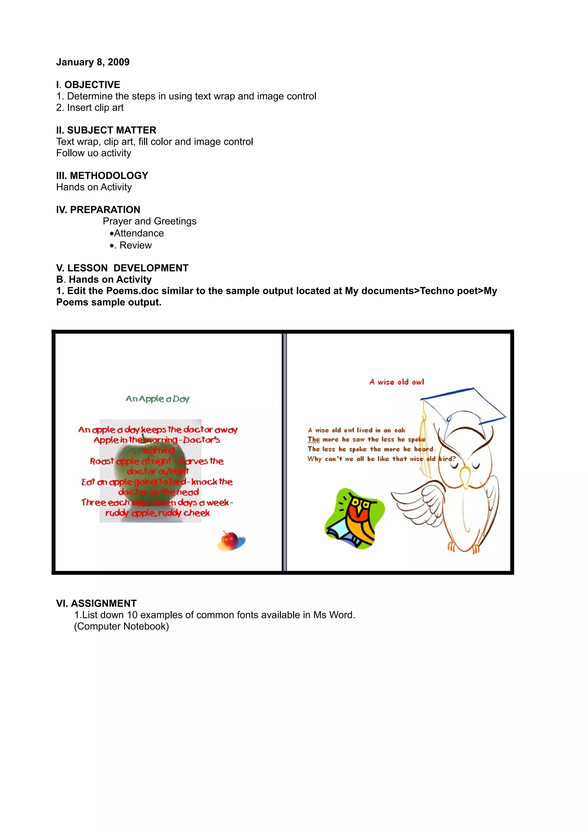 Text Wrap, Clip Art, Fill Color & Image Control Follow Up Activity | ODT