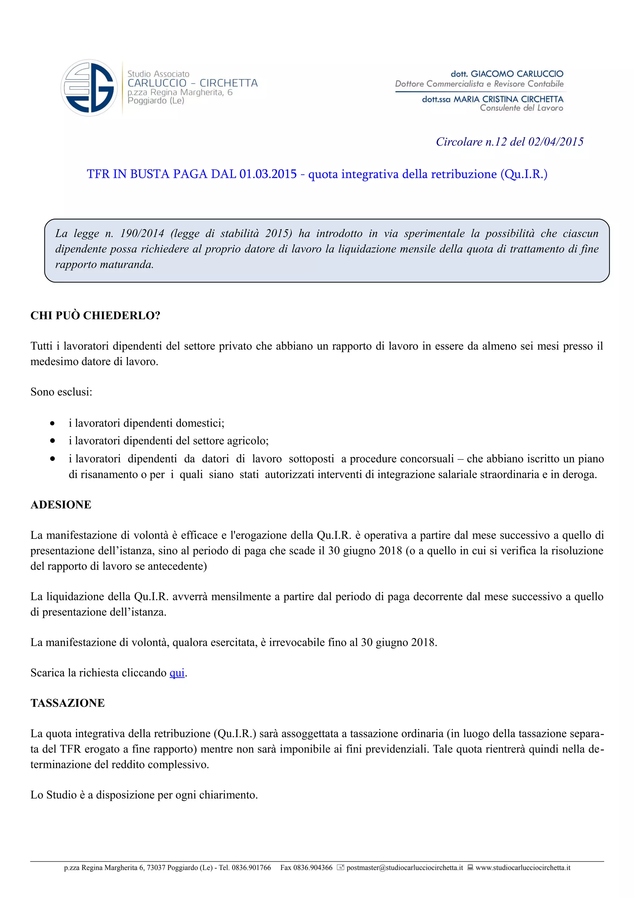 Tfr in busta paga dal 01.03.2015 | PDF