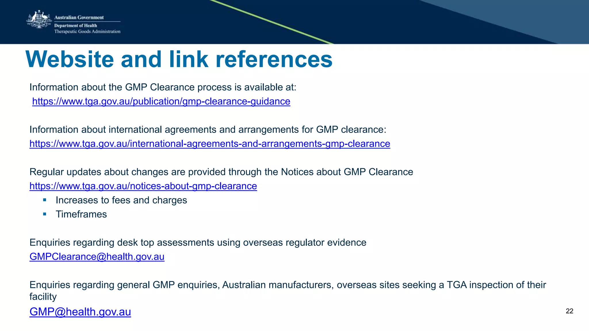 TGA webinar: The Good Manufacturing Practice (GMP) Clearance Framework ...