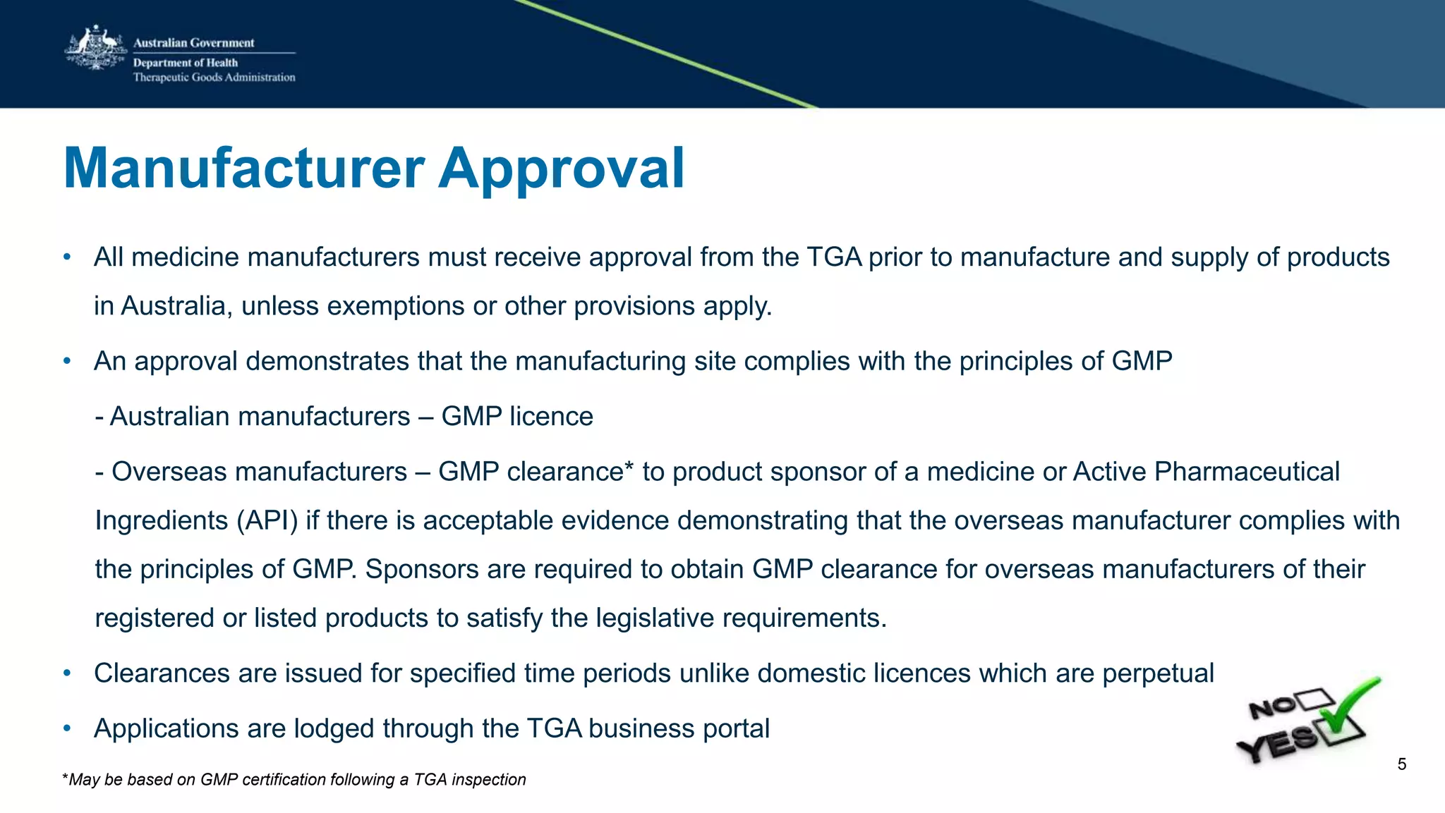 TGA webinar: The Good Manufacturing Practice (GMP) Clearance Framework ...