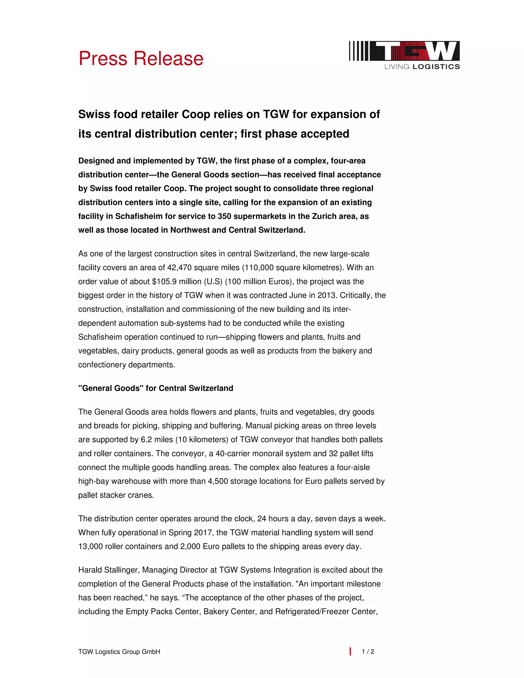 Swiss food retailer Coop relies on TGW for expansion of its central ...