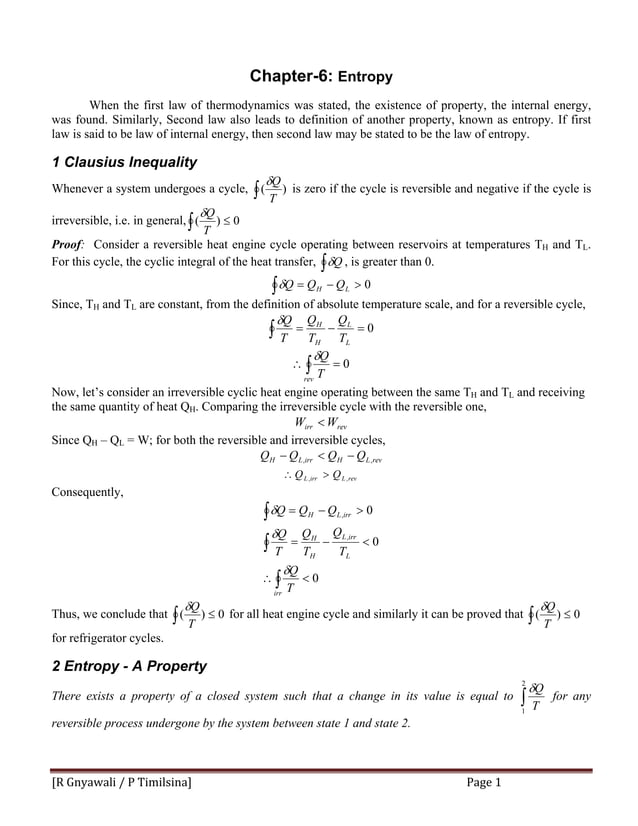 Thermodynamics note chapter:6 Entropy | PDF