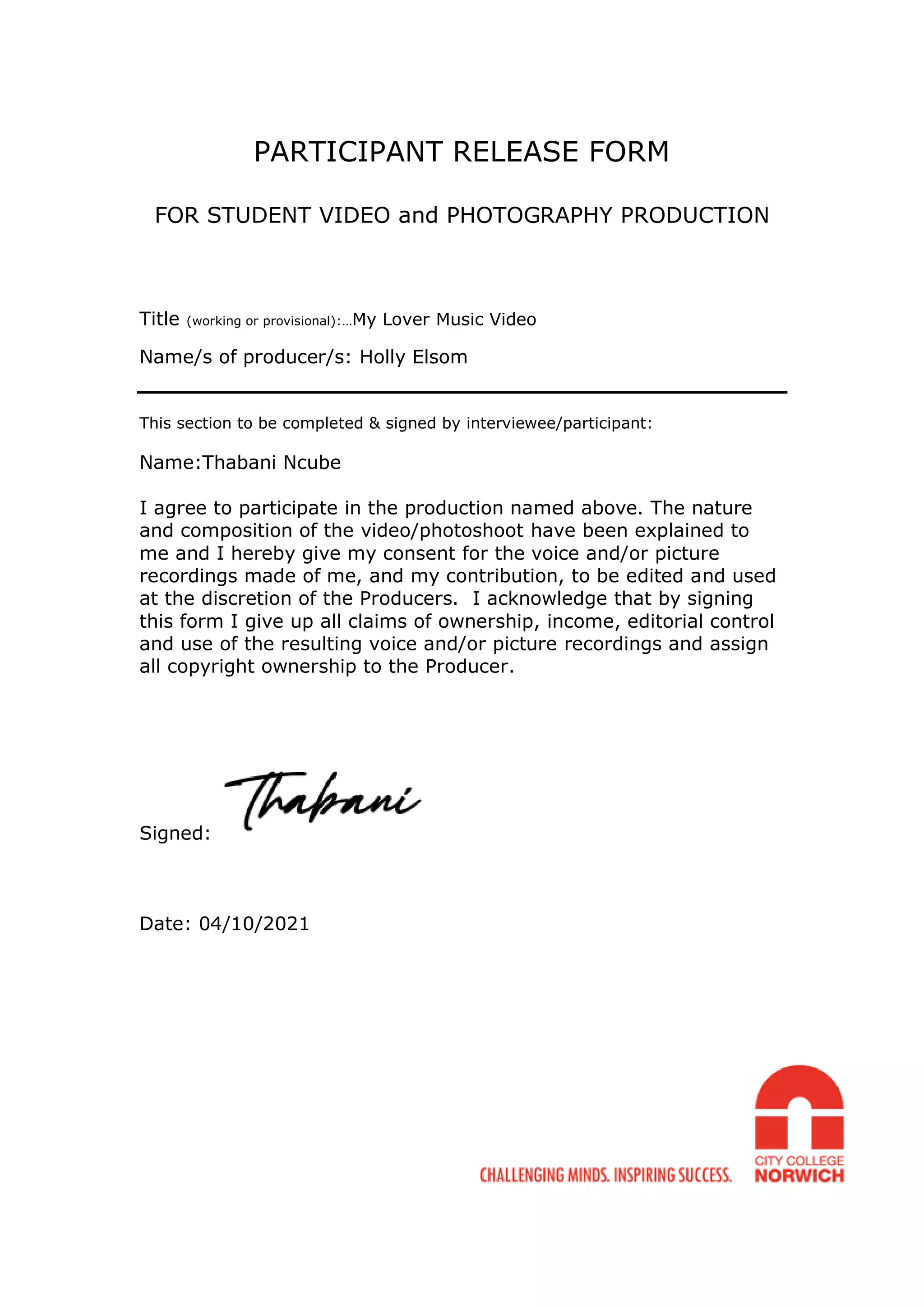 Thabani release form no fee #2(1) | PDF | Video Production | Content Production