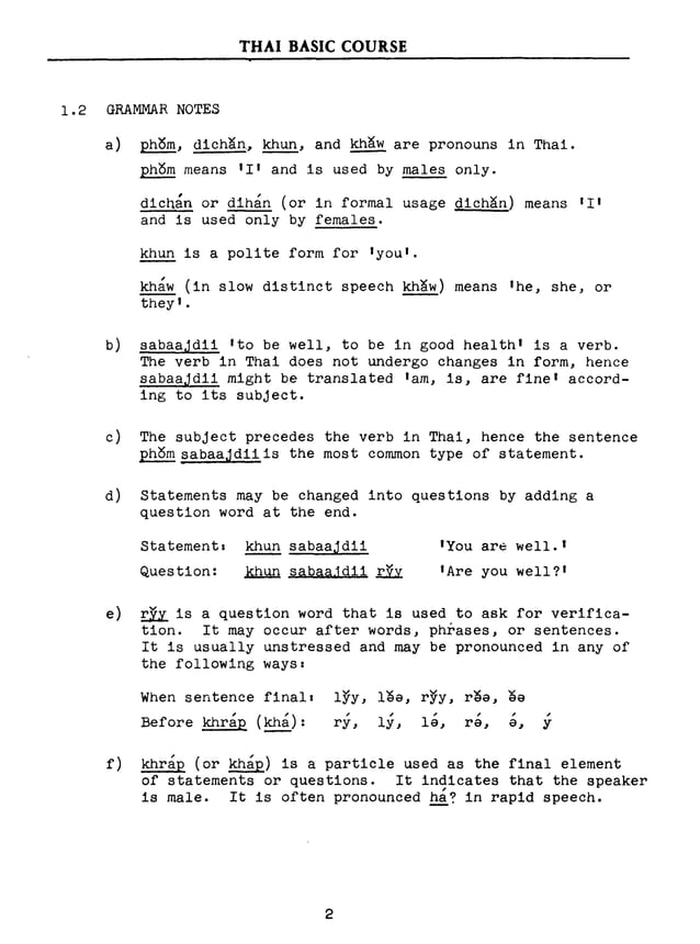 Learn Thai - FSI Basic Course (Part 1) | PDF