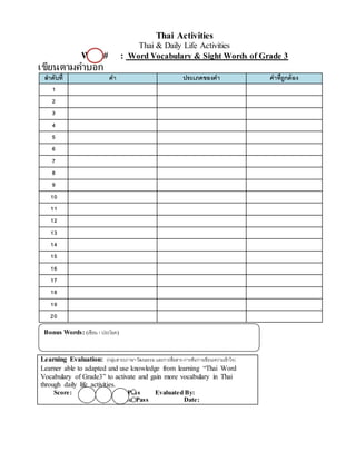 Thai daily life activities-week1 ฟรี | DOCX