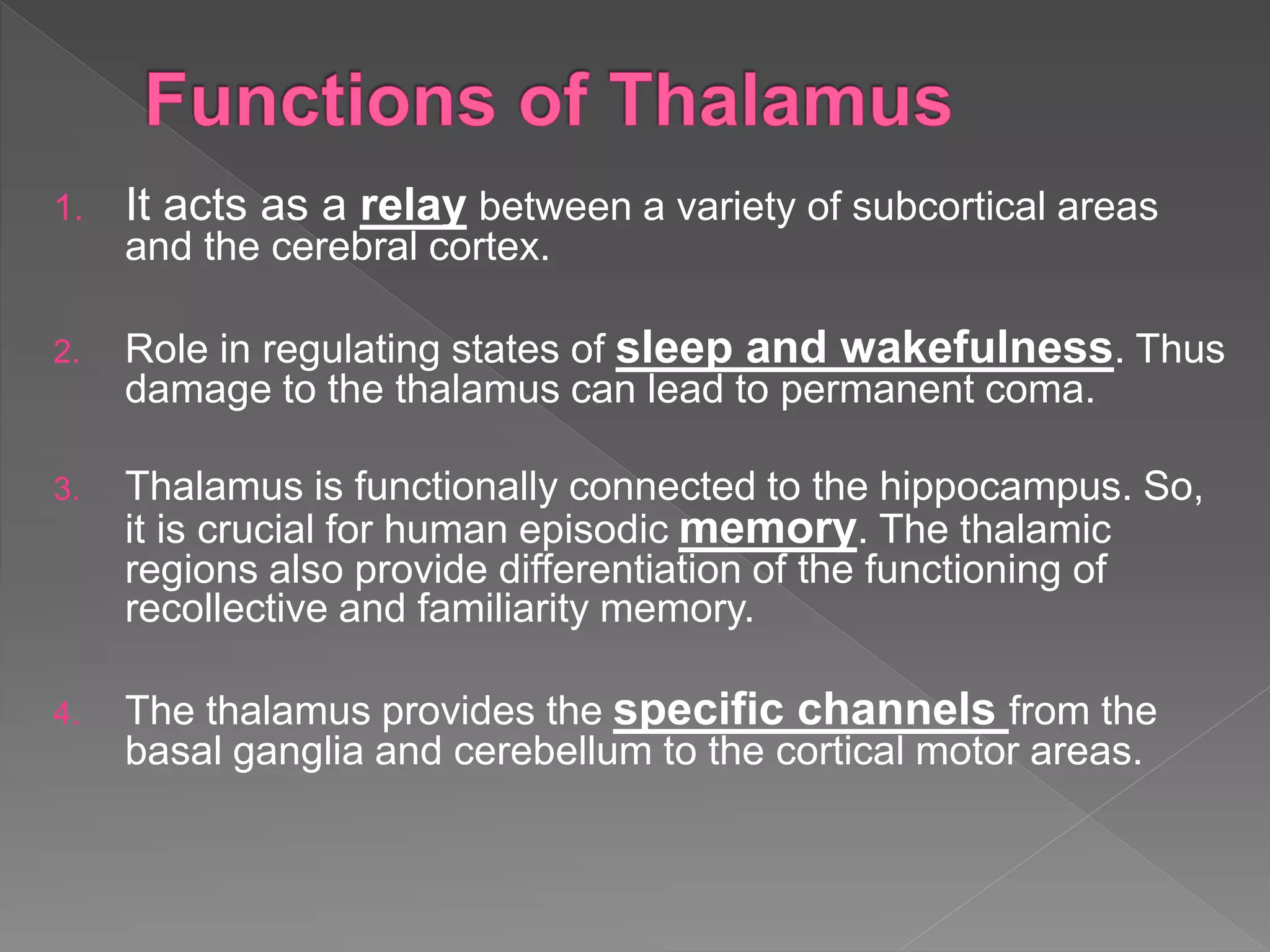 Thalamus, its functions and thalamic syndrome | PPTX
