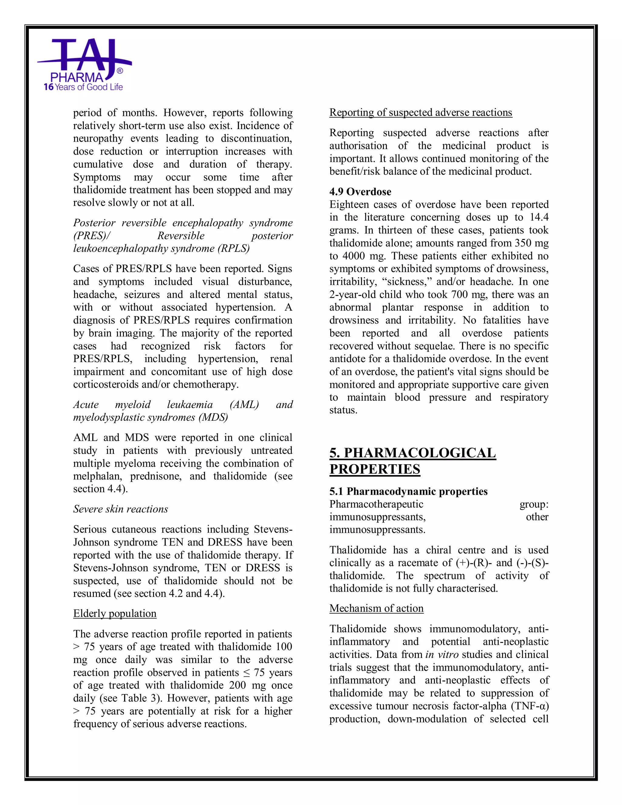 Thalidomide Capsule USP Taj Pharma SmPC | PDF