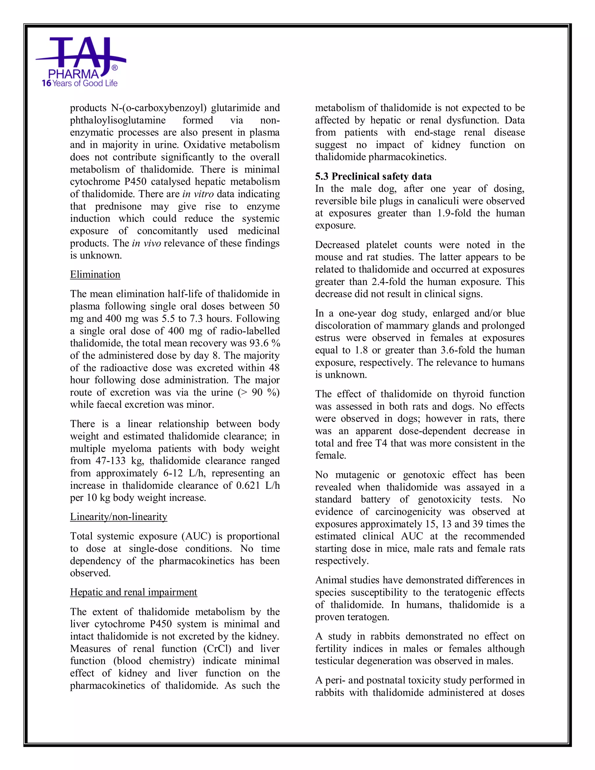 Thalidomide Capsule USP Taj Pharma SmPC | PDF