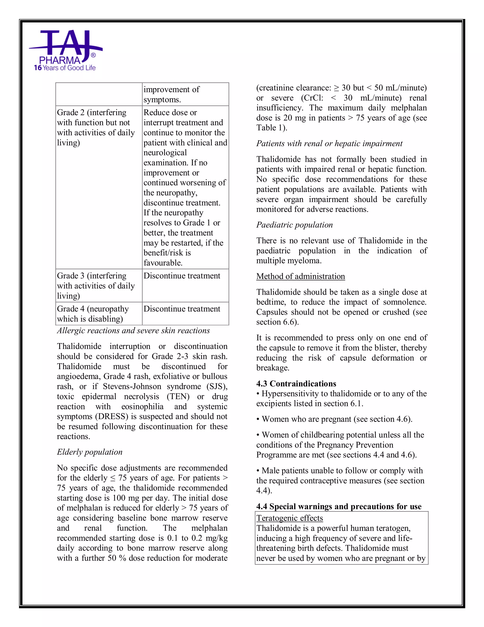 Thalidomide Capsule USP Taj Pharma SmPC | PDF