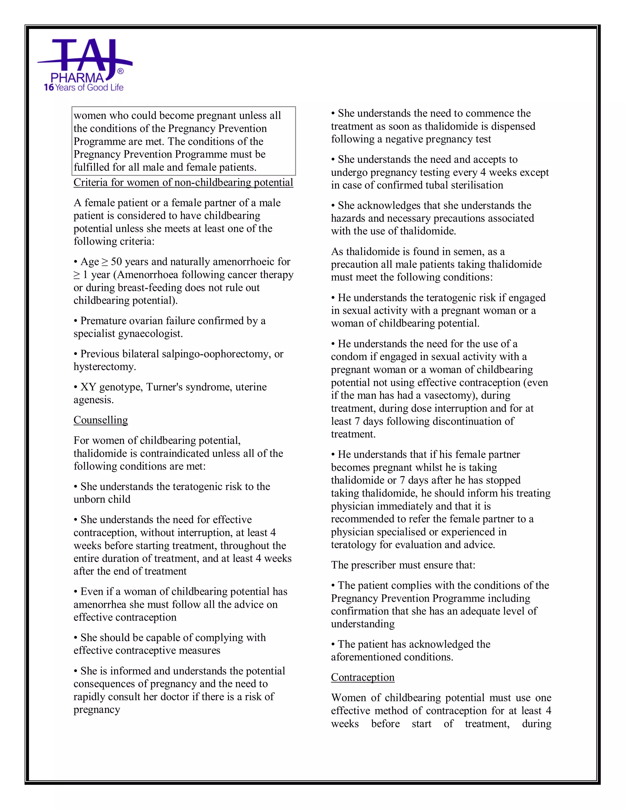 Thalidomide Capsule USP Taj Pharma SmPC | PDF