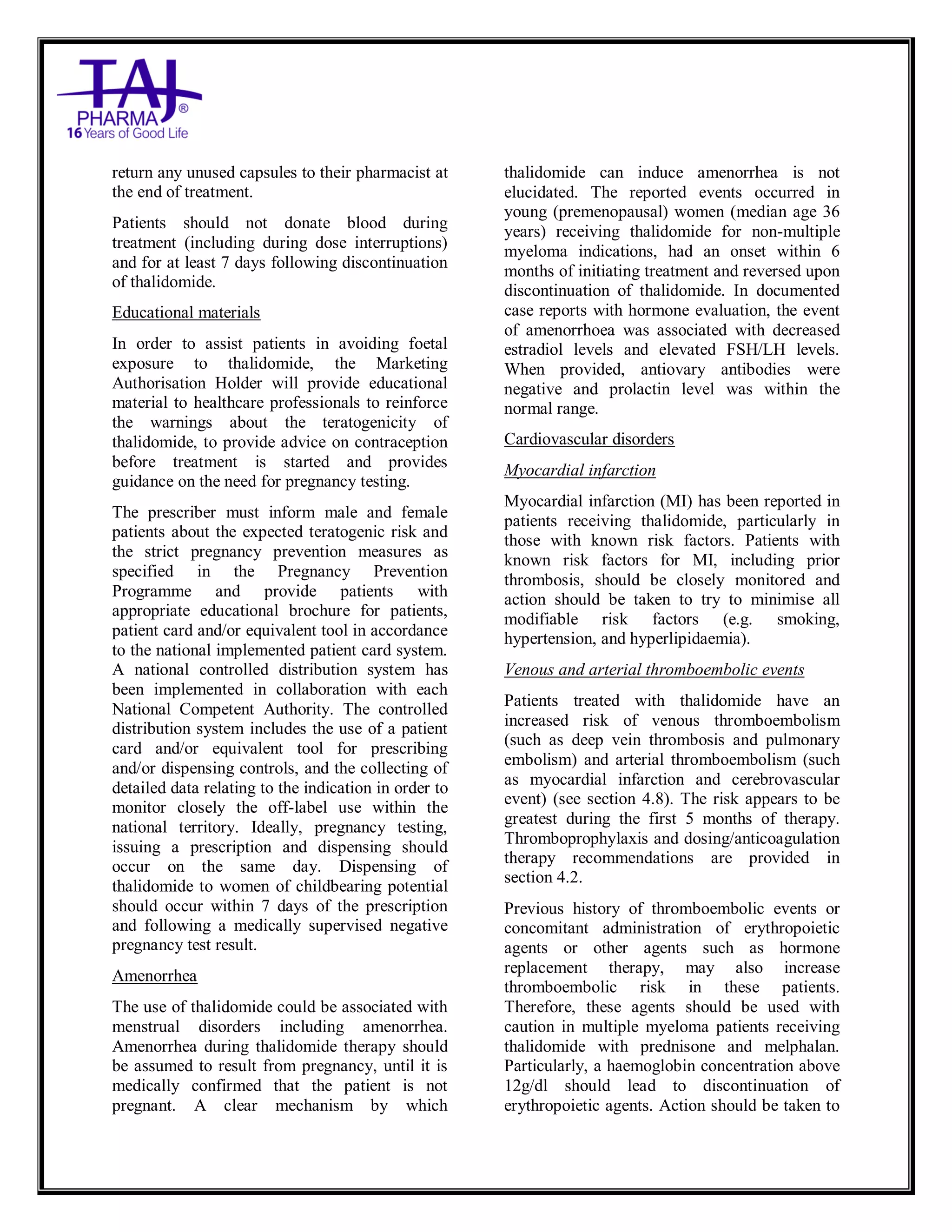 Thalidomide Capsule USP Taj Pharma SmPC | PDF