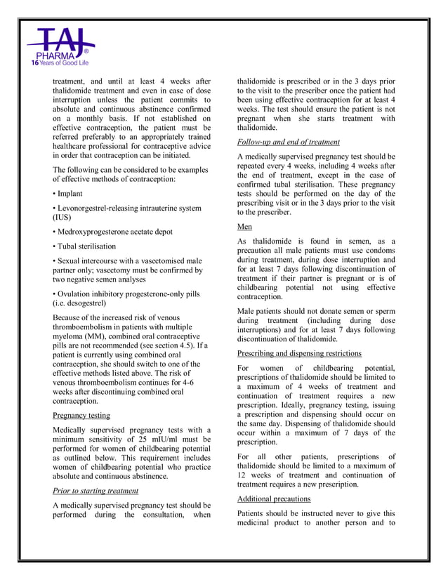 Thalidomide Capsule USP Taj Pharma SmPC | PDF | Free Download