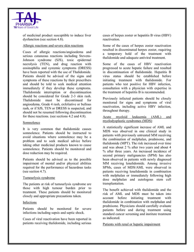 Thalidomide Capsule USP Taj Pharma SmPC | PDF