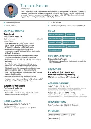 Thamarai Kannan's Resume | PDF | Business | Business and Finance
