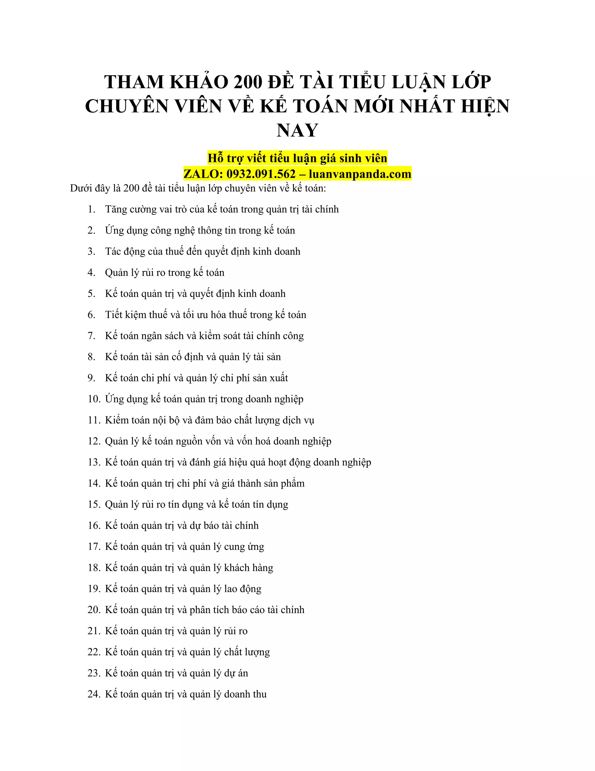 Tham Khảo 200 Đề Tài Tiểu Luận Lớp Chuyên Viên Về Kế Toán Mới Nhất Hiện Nay | PDF
