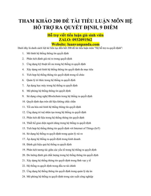 Tham Khảo 200 Đề Tài Tiểu Luận Môn Hệ Hỗ Trợ Ra Quyết Định, 9 Điểm | DOCX