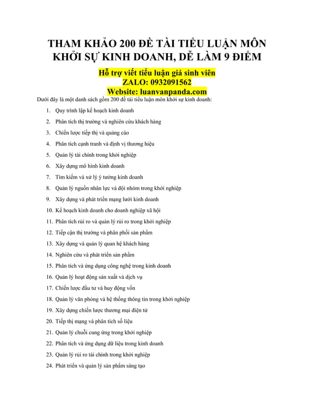 Tham Khảo 200 Đề Tài Tiểu Luận Môn Khởi Sự Kinh Doanh, Dễ Làm 9 Điểm | DOCX
