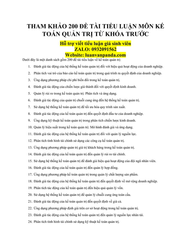 Tham Khảo 200 Đề Tài Tiểu Luận Môn Kế Toán Quản Trị Từ Khóa Trước | DOCX