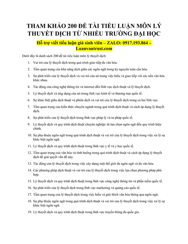 Tham Khảo 200 Đề Tài Tiểu Luận Môn Lý Thuyết Dịch Từ Nhiều Trường Đại Học | PDF