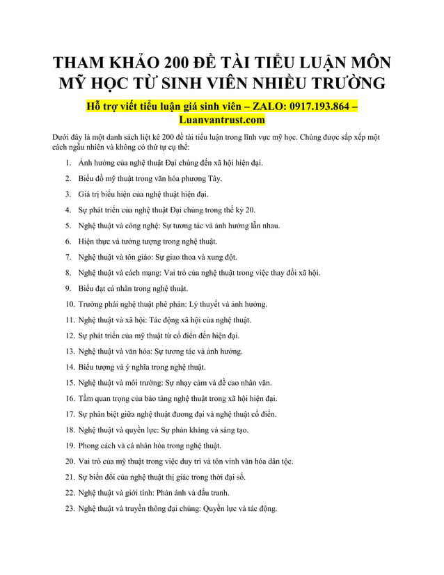 Tham Khảo 200 Đề Tài Tiểu Luận Môn Mỹ Học Từ Sinh Viên Nhiều Trường | DOCX