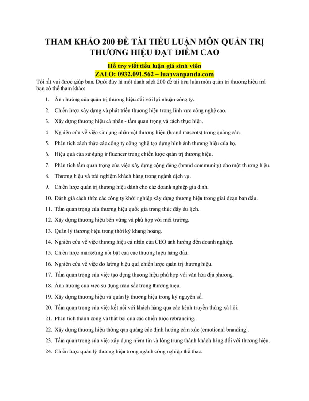Tham Khảo 200 Đề Tài Tiểu Luận Môn Quản Trị Thương Hiệu Đạt Điểm Cao | DOCX