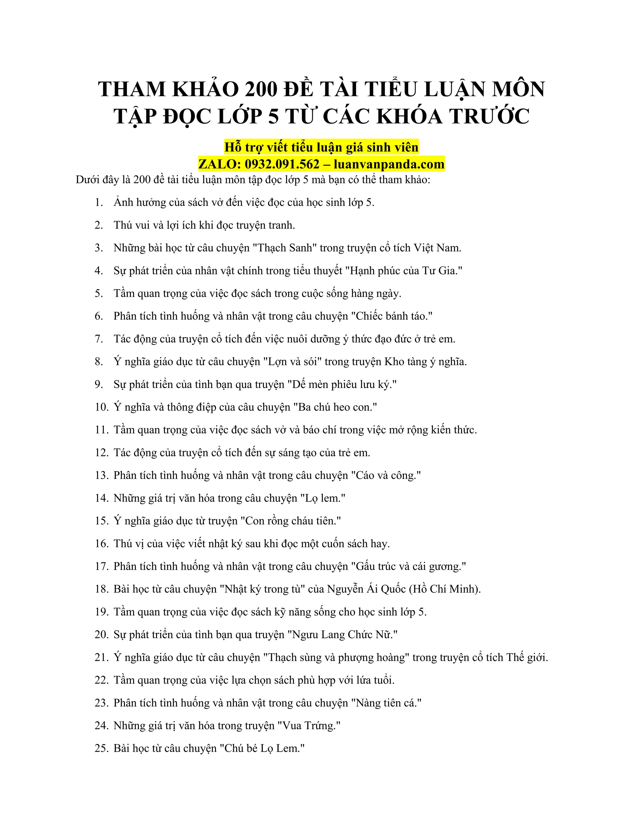 Tham Khảo 200 Đề Tài Tiểu Luận Môn Tập Đọc Lớp 5 Từ Các Khóa Trước | PDF