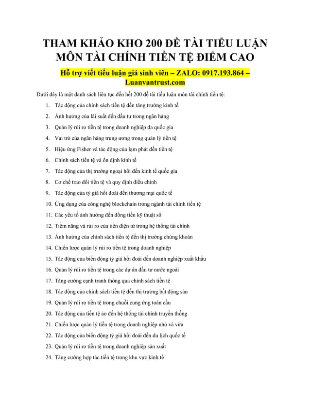 Tham Khảo Kho 200 Đề Tài Tiểu Luận Môn Tài Chính Tiền Tệ Điểm Cao | DOCX