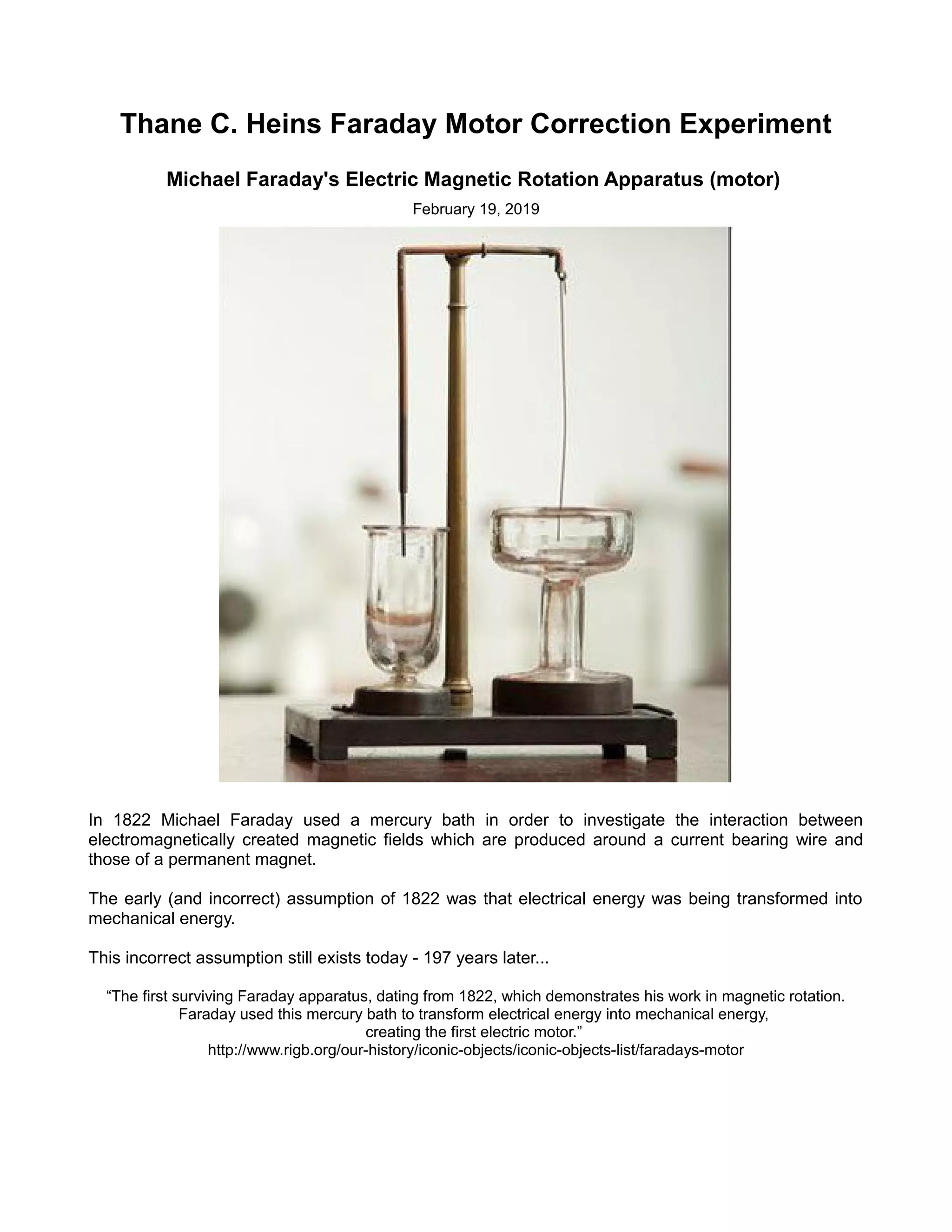 Thane C. Heins Correction Experiment Michael Faraday's Electric ...