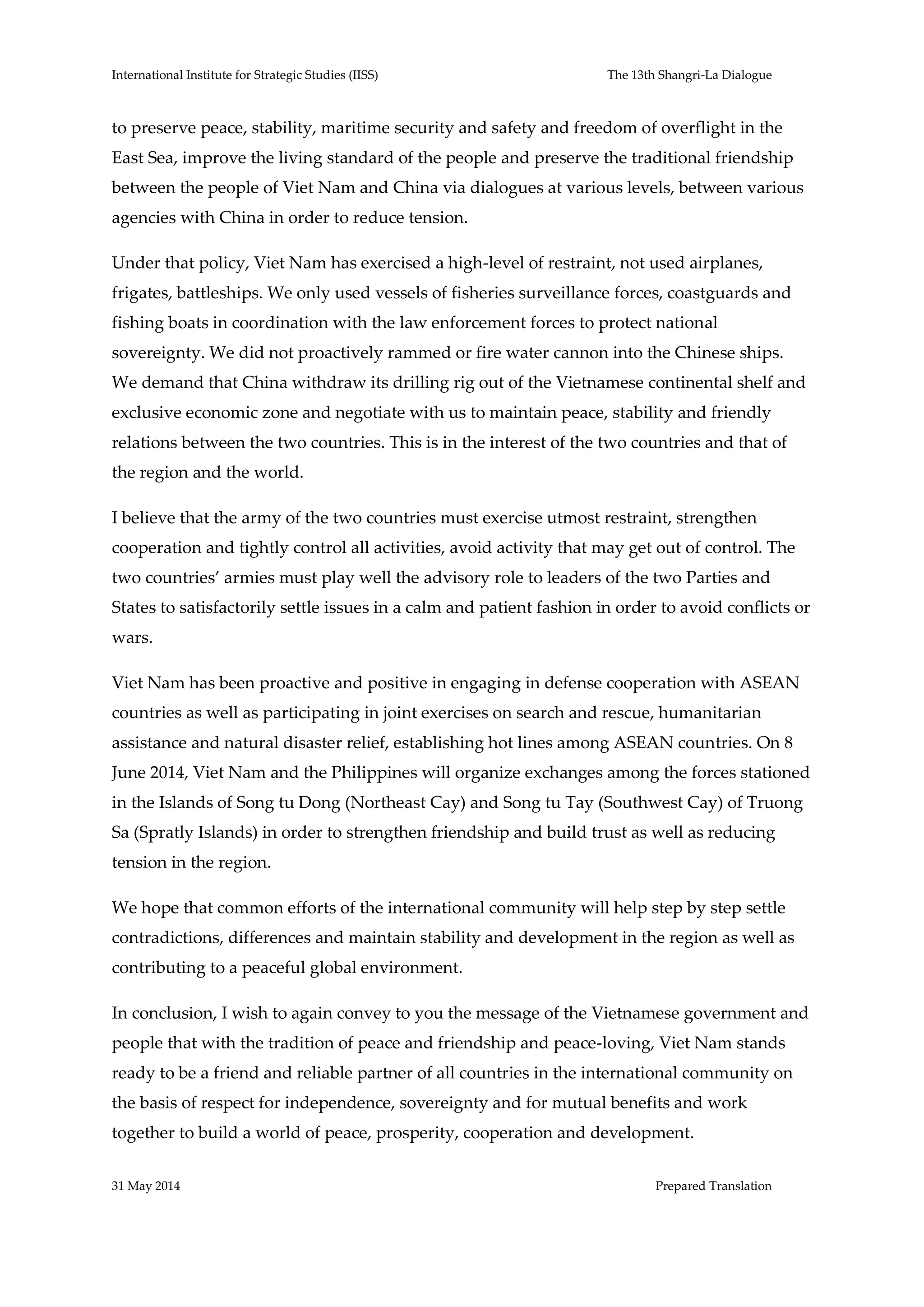 Vietnam National Defense Minister Phung Quang Thanh's Speech | PDF