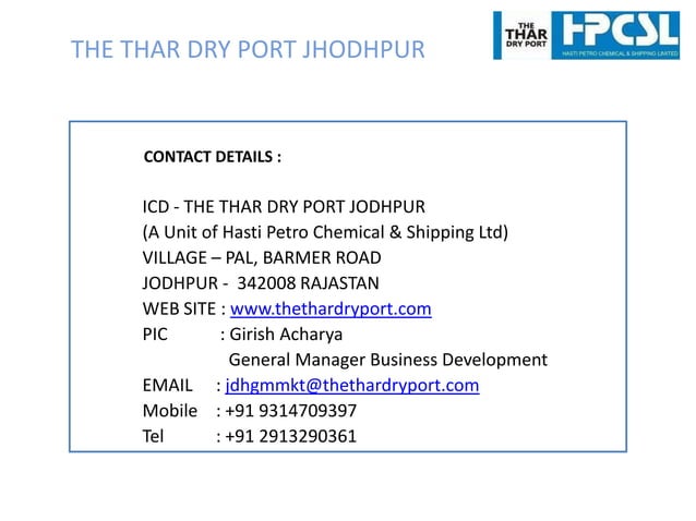 EXPORT IMPORT SHIPMENT VIA ICD THAR DRY PORT JODHPUR (RAJASTHAN) FROM ...