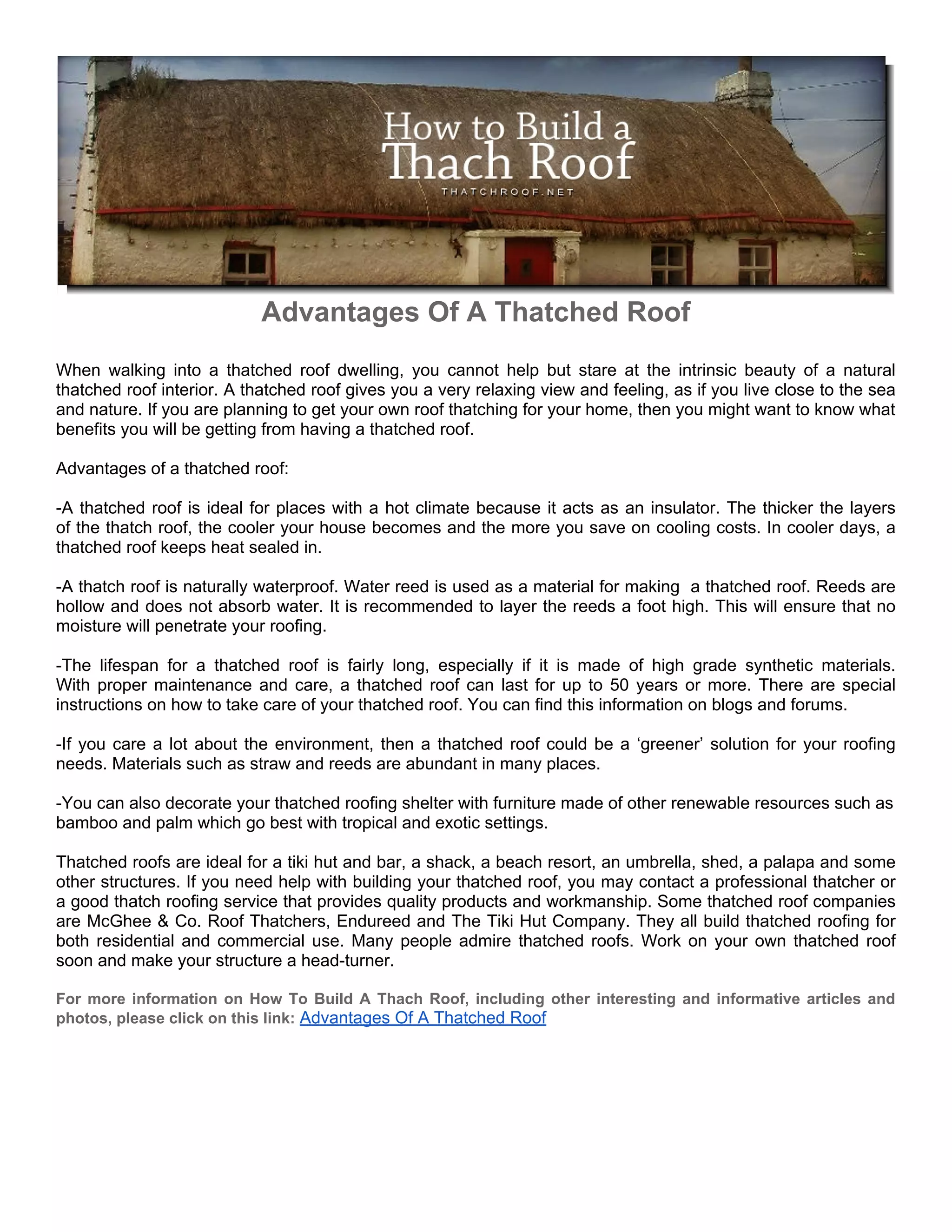 Advantages Of A Thatched Roof | PDF