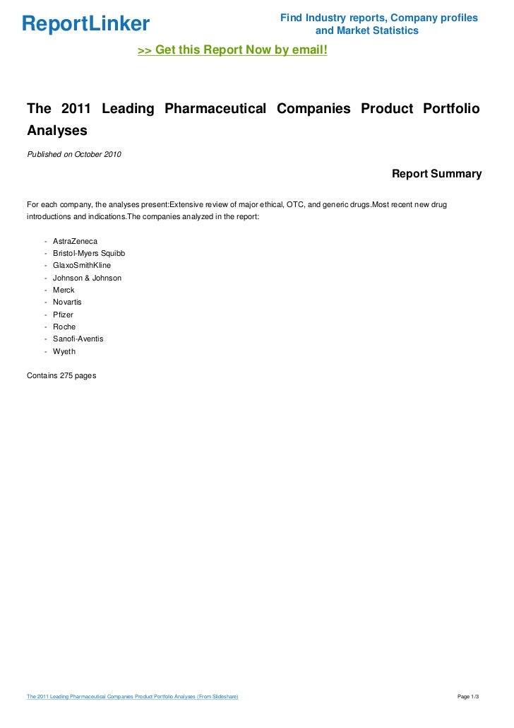 The 2011 Leading Pharmaceutical Companies Product Portfolio Analyses