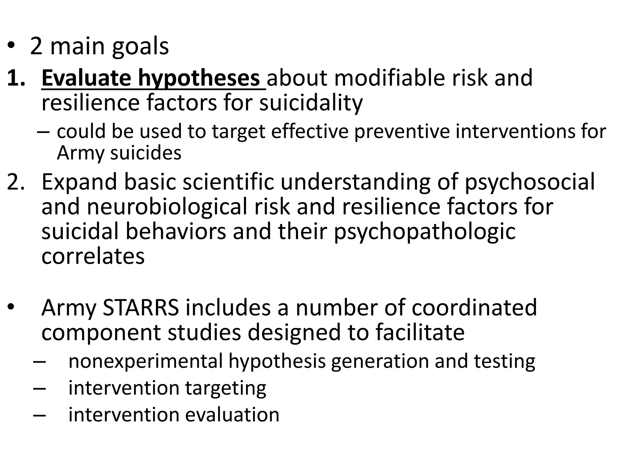 US Army STARRS - The Army Study to Assess Risk and Resilience in ...