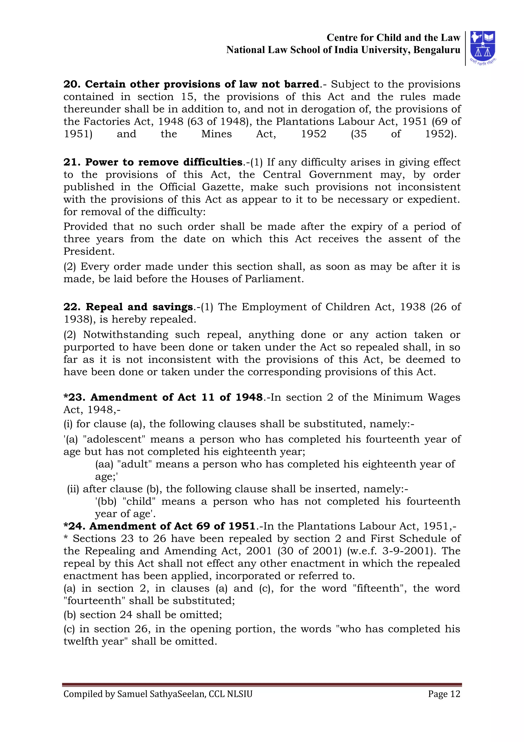 The Child and Adolescent Labour (Prohibition and Regulation) Act, 1986 ...
