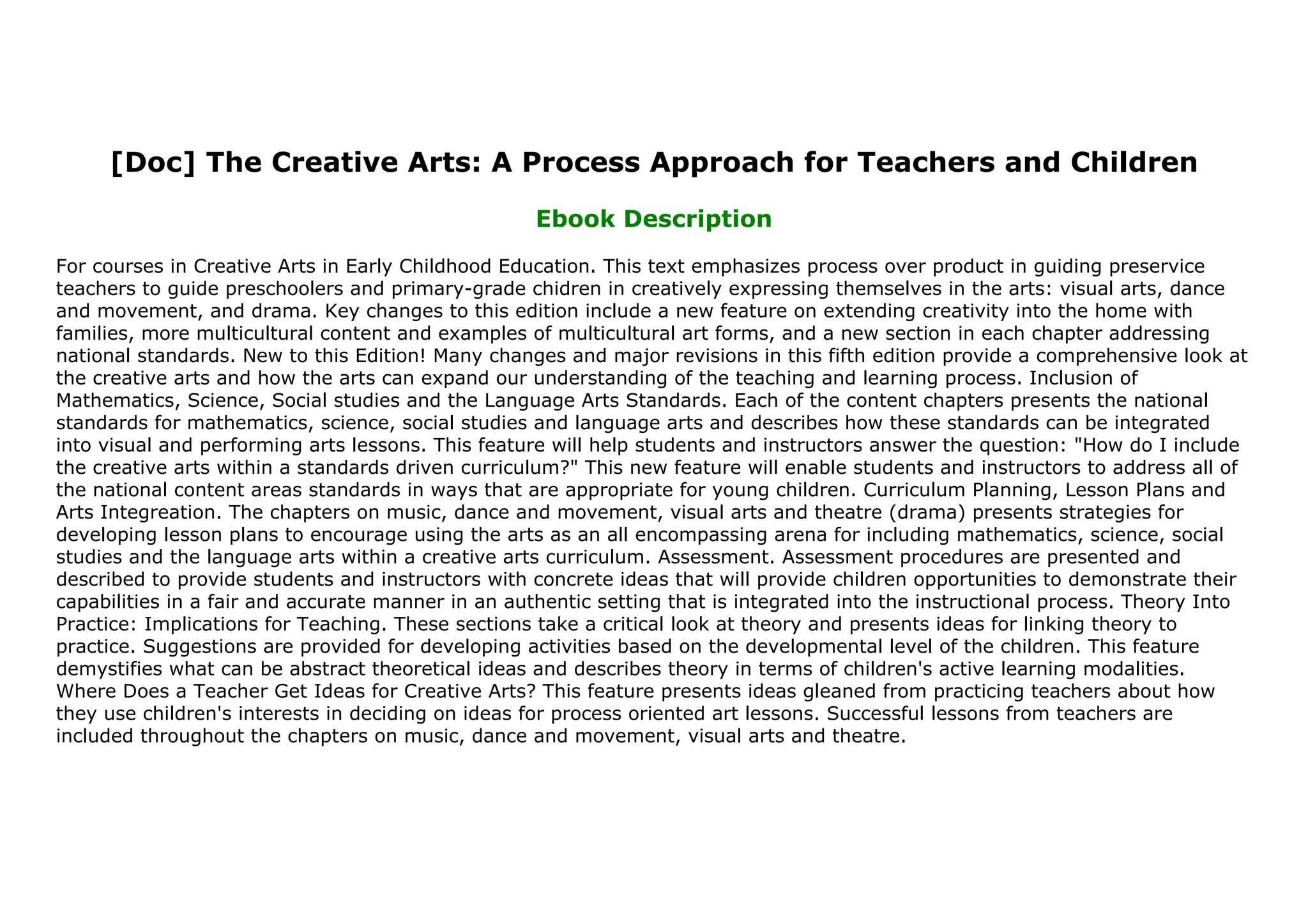 [Doc] The Creative Arts: A Process Approach for Teachers and Children | PDF