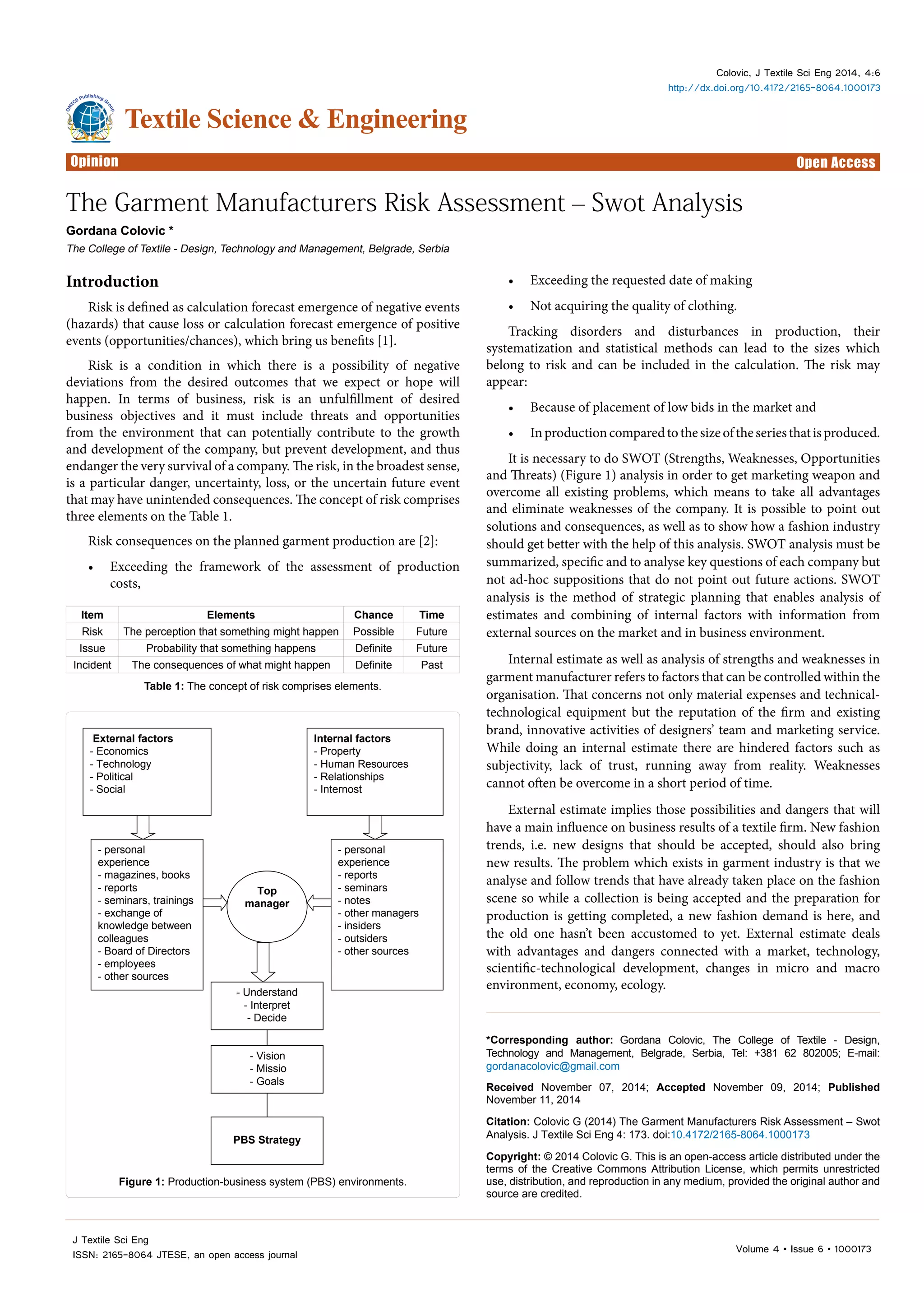 The garment manufacturers risk assessment - SWOT analysis | PDF