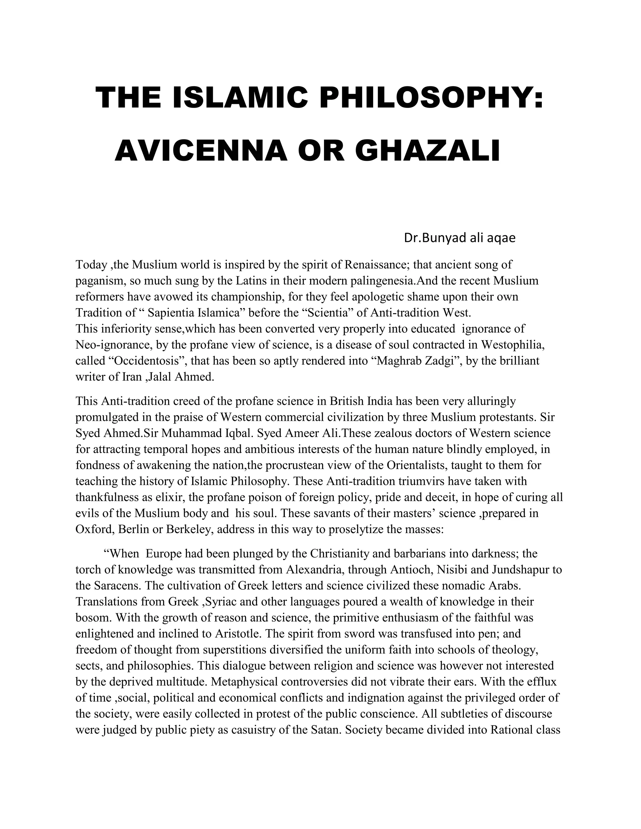 The islamic Philosophy; Avicenna Or Ghazali | PDF