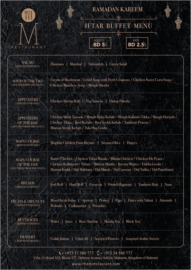 Iftar Buffet Menu | The M Restaurant Bahrain | PDF