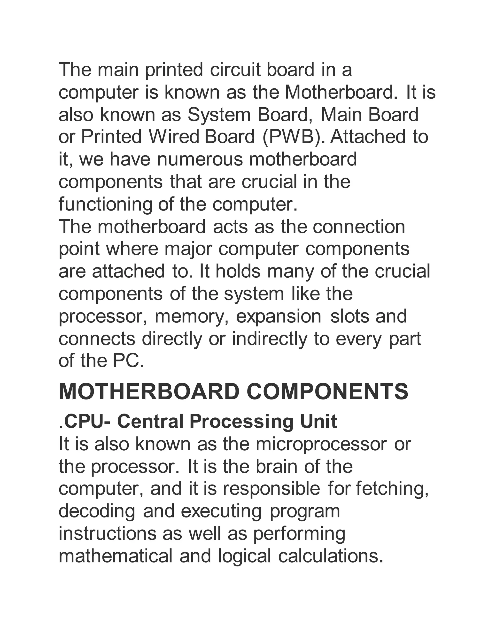 The major-motherboard-components-and-their-functions | DOCX | Operating ...