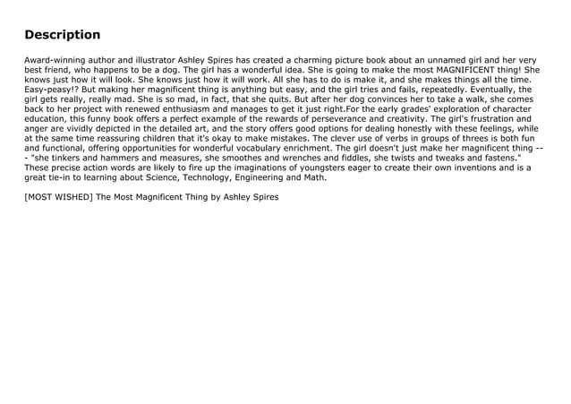 [MOST WISHED] The Most Magnificent Thing by Ashley Spires | PDF