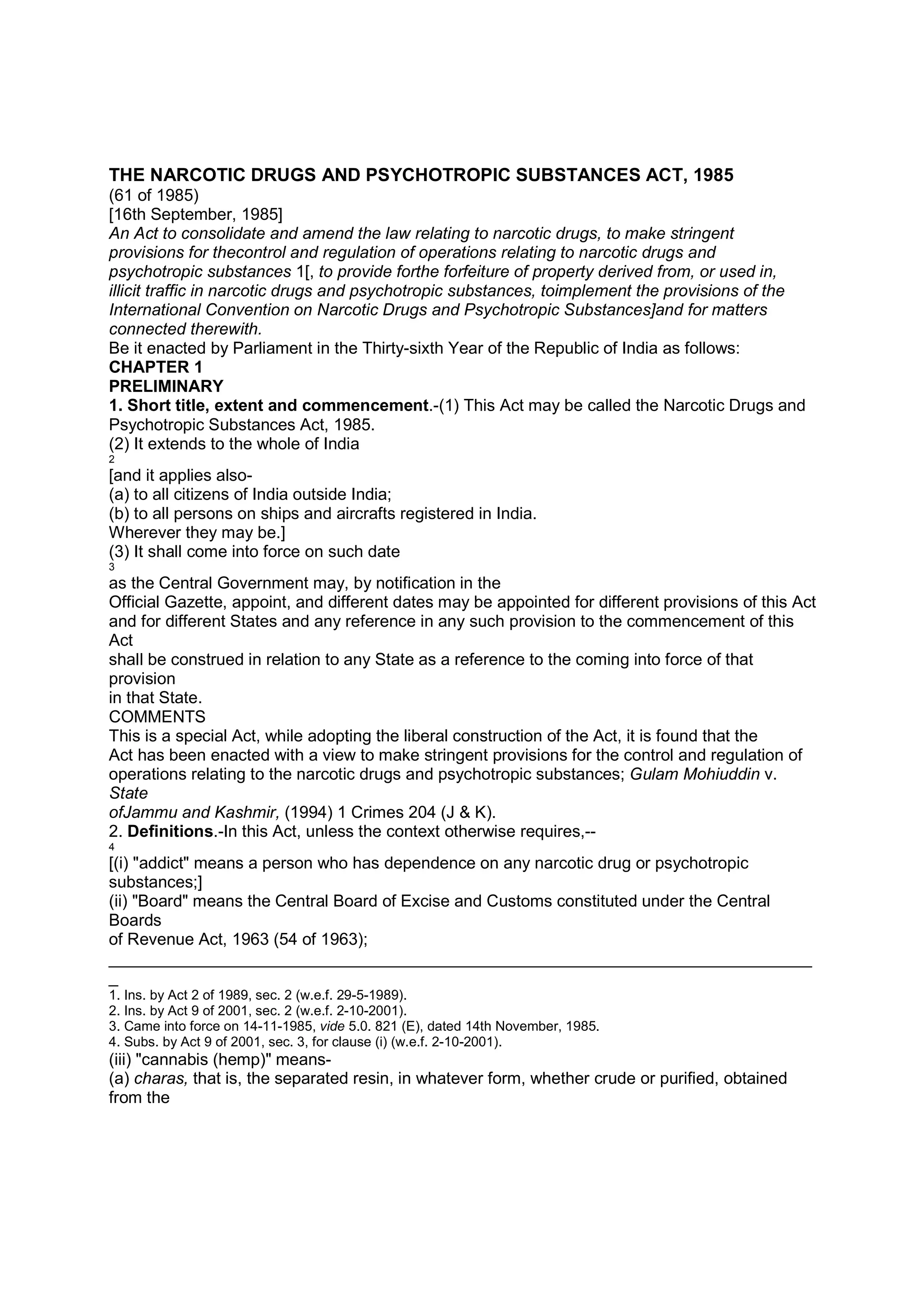 The Narcotic Drugs and Psychotropic Substances Act, 1985 | PDF