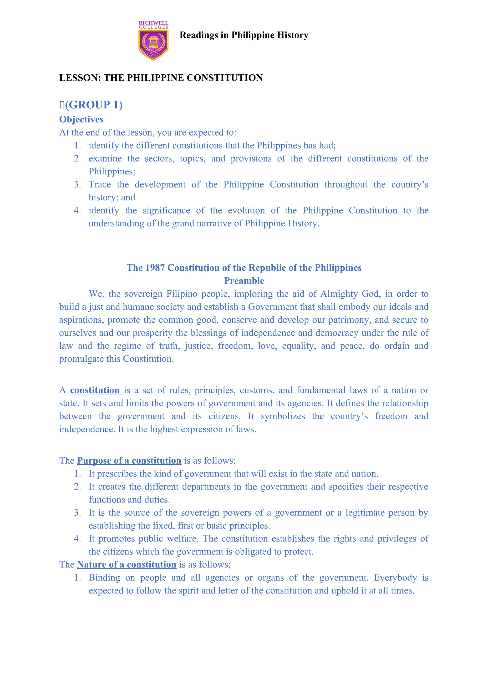 LESSON: THE PHILIPPINE CONSTITUTION (READINGS IN PHILIPPINE HISTORY) | DOCX