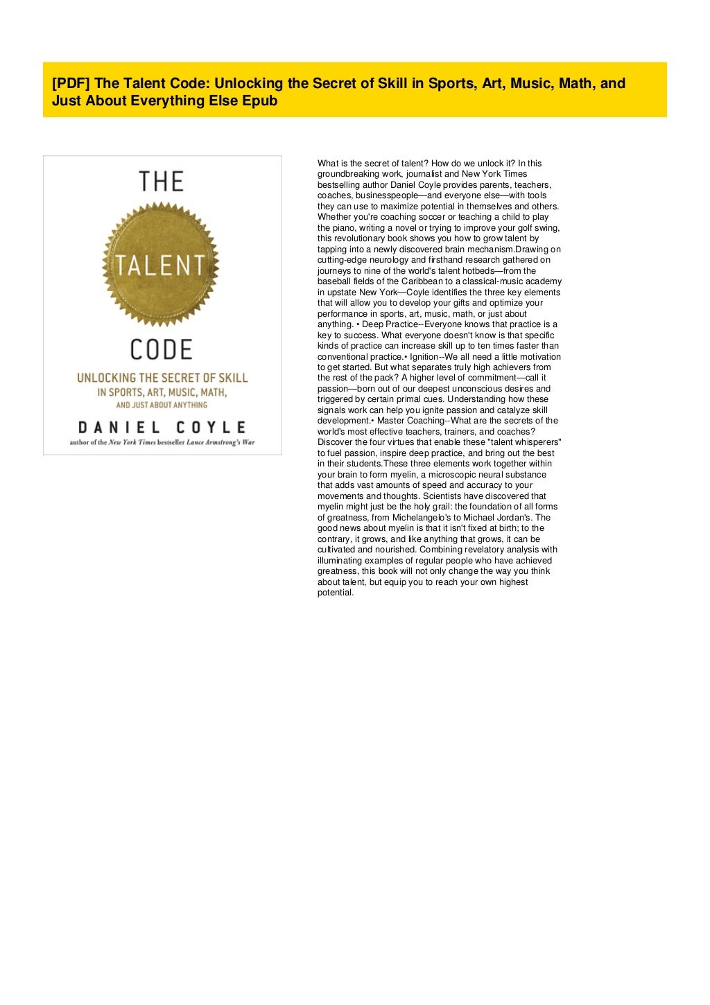 [PDF] The Talent Code: Unlocking the Secret of Skill in Sports, Art ...