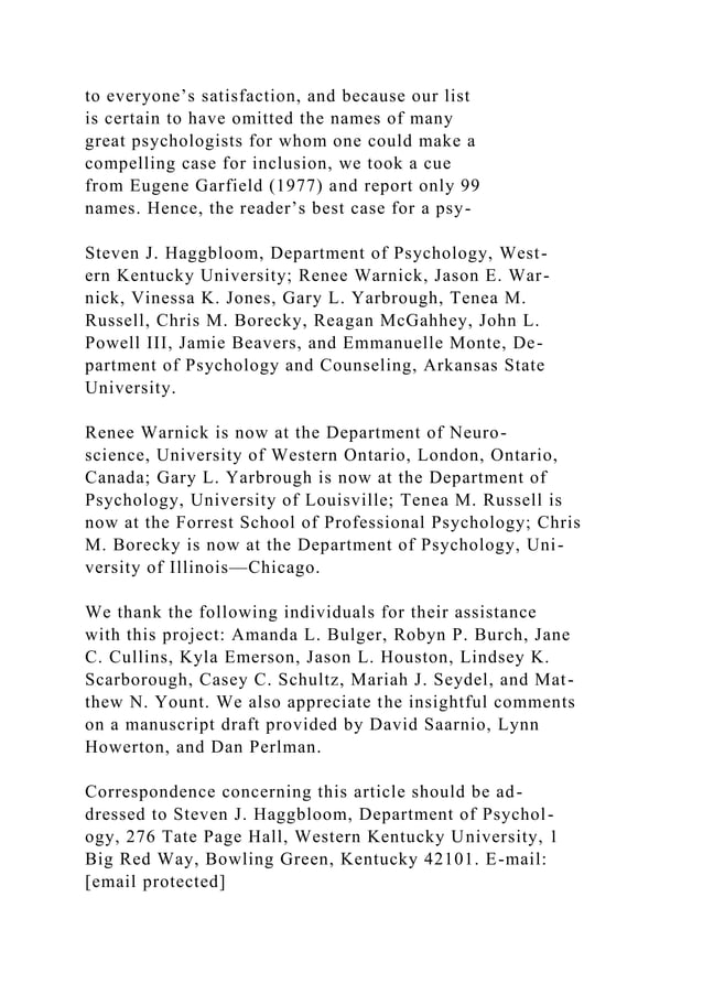 The 100 Most Eminent Psychologists of the 20th CenturyStev.docx | Science