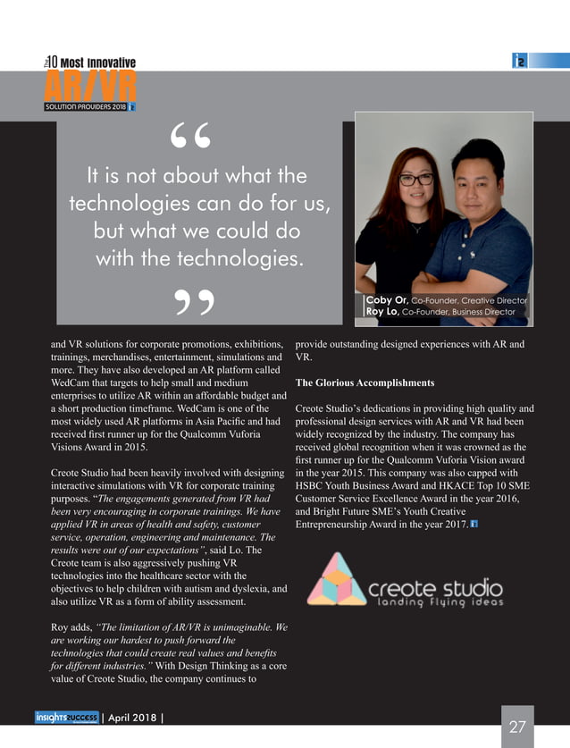 The 10 most innovative arvr solution providers 2018 | PDF