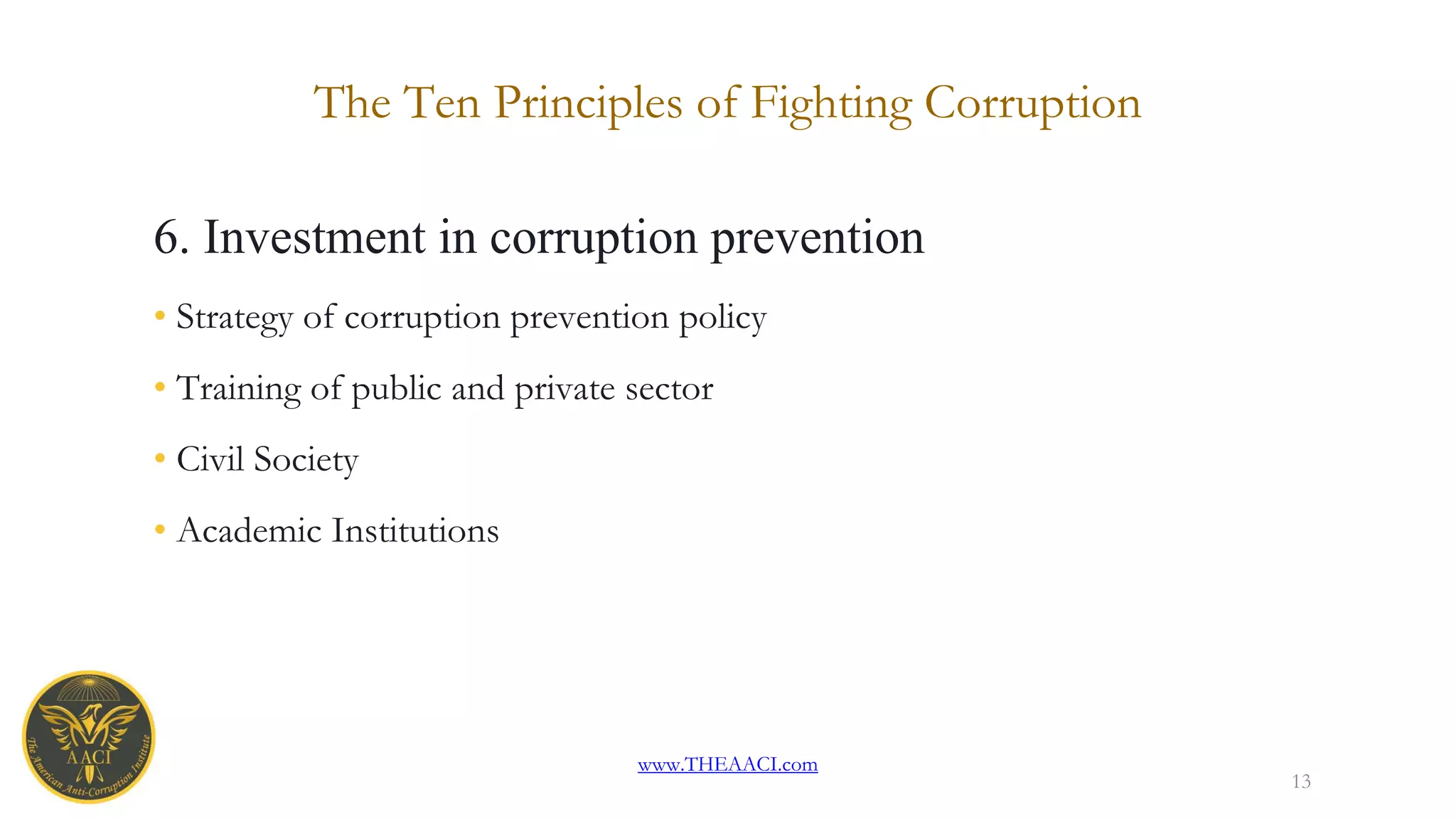 The Ten Principles of Fighting Corruption: Institutionalizing Integrity ...