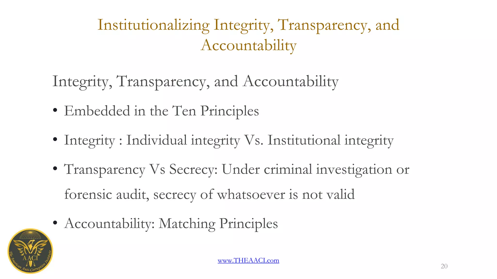 The Ten Principles of Fighting Corruption: Institutionalizing Integrity ...